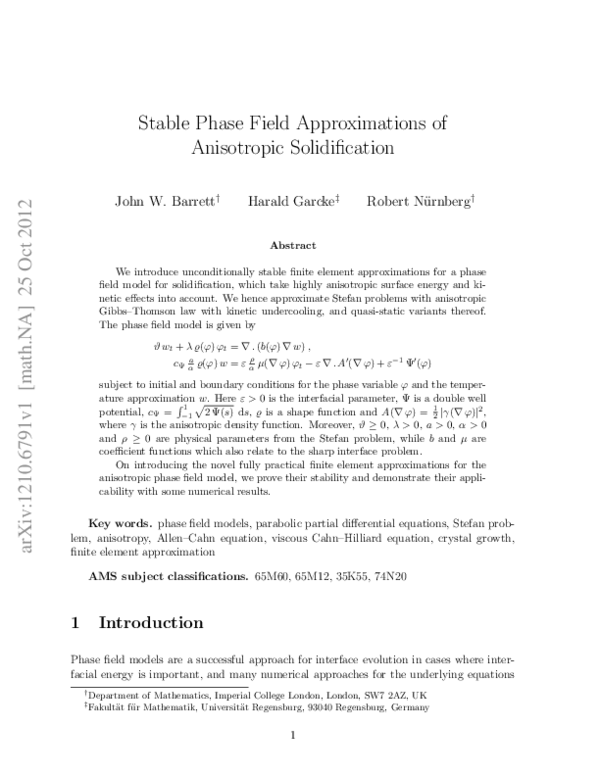 (PDF) Stable phase field approximations of anisotropic solidification