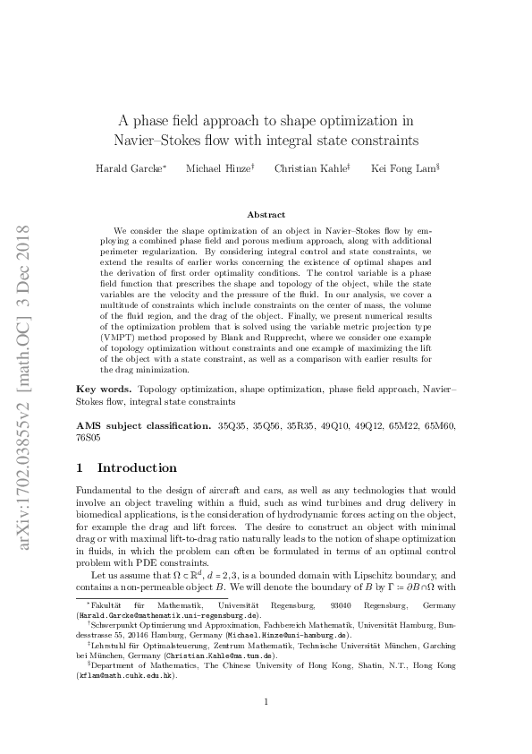 (PDF) A phase field approach to shape optimization in Navier–Stokes flow with integral state ...