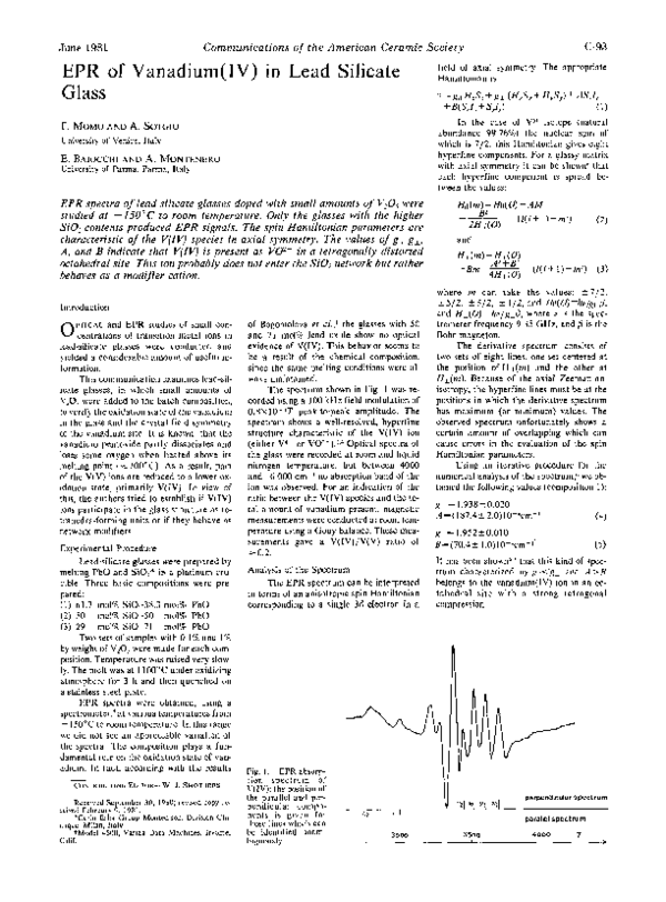 (PDF) EPR of Vanadium(IV) in Lead Silicate Glass