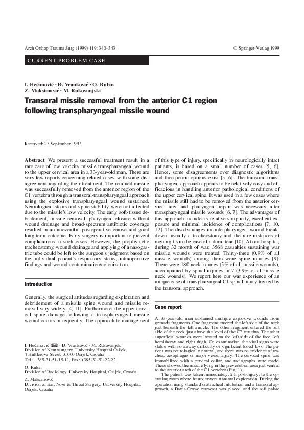 (PDF) Transoral missile removal from the anterior C1 region following ...