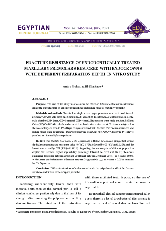 (PDF) FRACTURE RESISTANCE OF ENDODONTICALLY TREATED PREMOLARS RESTORED ...