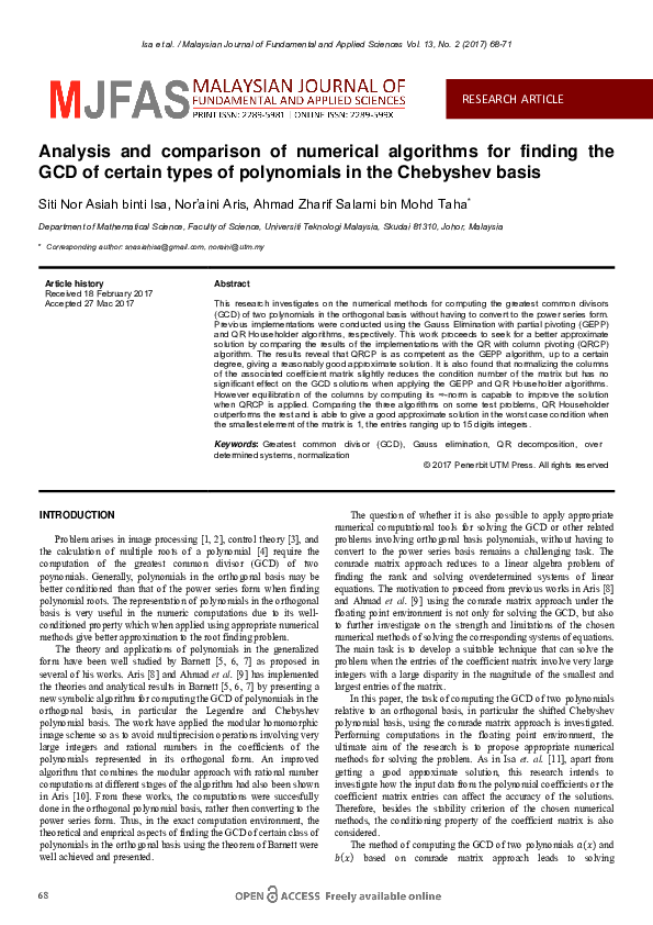 Pdf Analysis And Comparison Of Numerical Algorithms For Finding The Gcd Of Certain Types Of