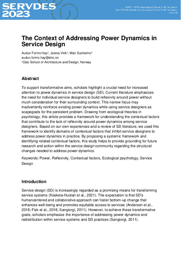 (PDF) The Context of Addressing Power Dynamics in Service Design
