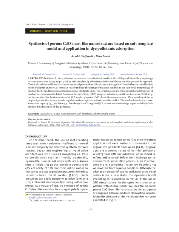 (PDF) Synthesis of porous CdO sheet-like nanostructure based on soft ...