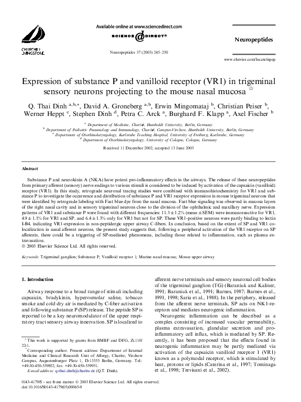 (PDF) Expression of substance P and vanilloid receptor (VR1) in ...