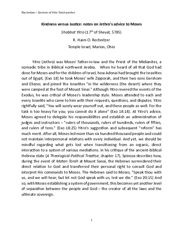 (PDF) Kindness versus Justice: notes on Jethro's advice to Moses