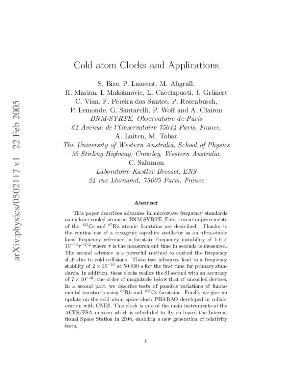 (PDF) Cold atom clocks and applications