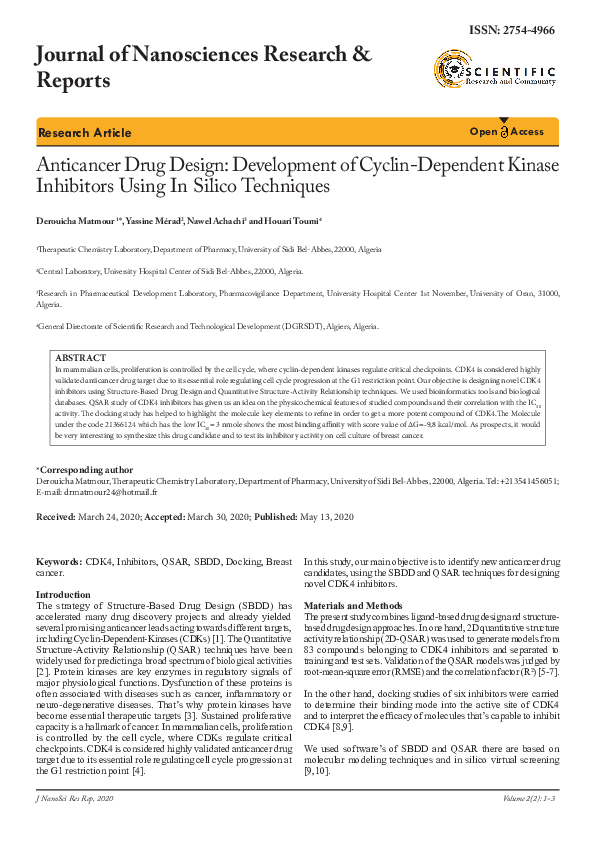 (PDF) Anticancer Drug Design: Development of Cyclin-Dependent Kinase Inhibitors Using In Silico ...