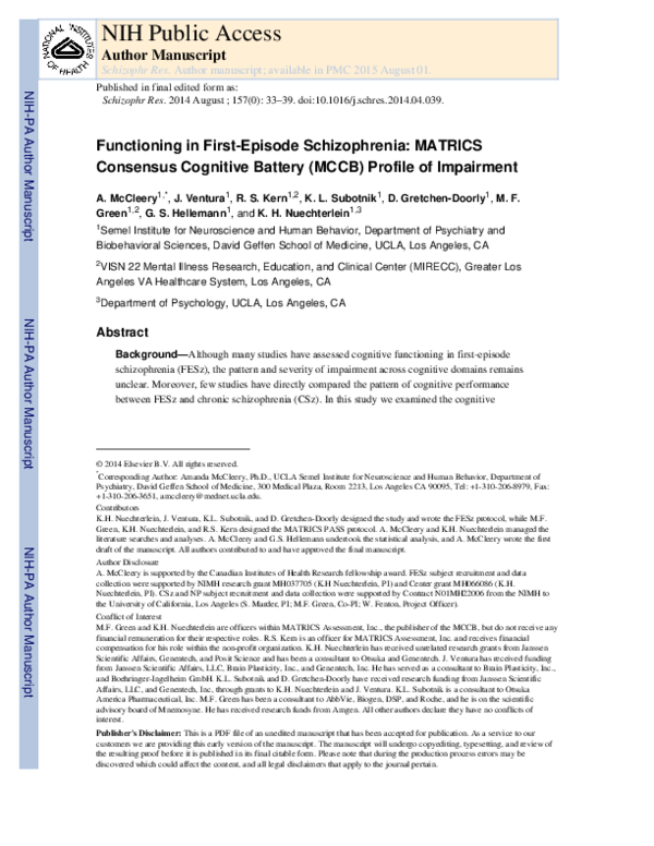 (PDF) Cognitive functioning in first-episode schizophrenia: MATRICS ...