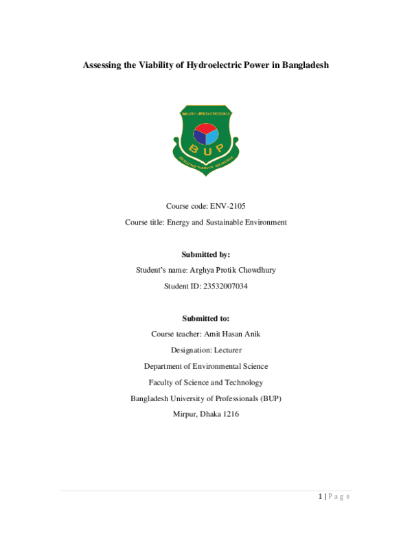 (PDF) Assessing the Viability of Hydroelectric Power in Bangladesh