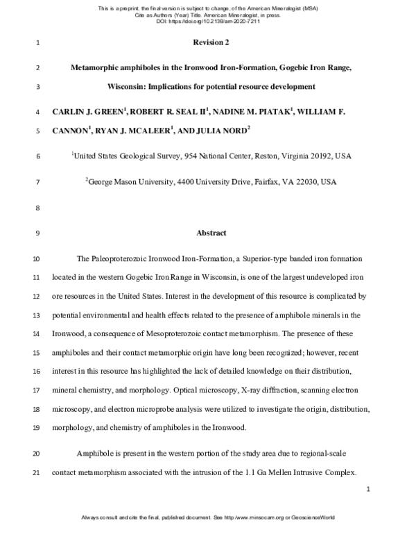 (PDF) Metamorphic amphiboles in the Ironwood Iron-Formation, Gogebic ...