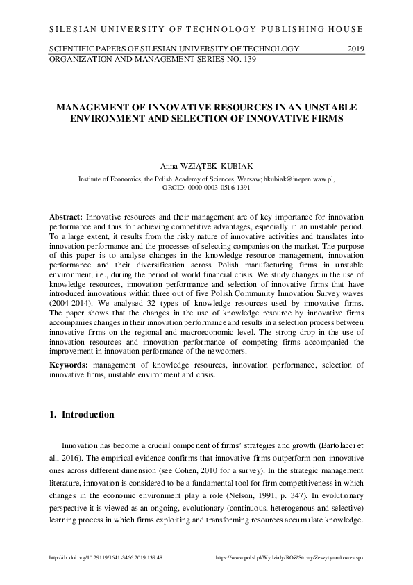 (PDF) Management of innovative resources in an unstable environment and ...