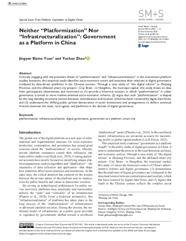 (PDF) Neither "Platformization" Nor "Infrastructuralization": Government as a Platform in China