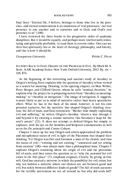 (PDF) Book Review: Journey Back to God: Origen on the Problem of Evil