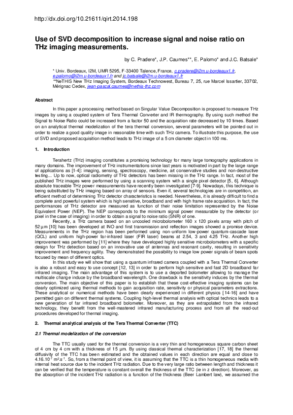 (PDF) Use of SVD decomposition to increase signal and noise ratio on THz imaging measurements