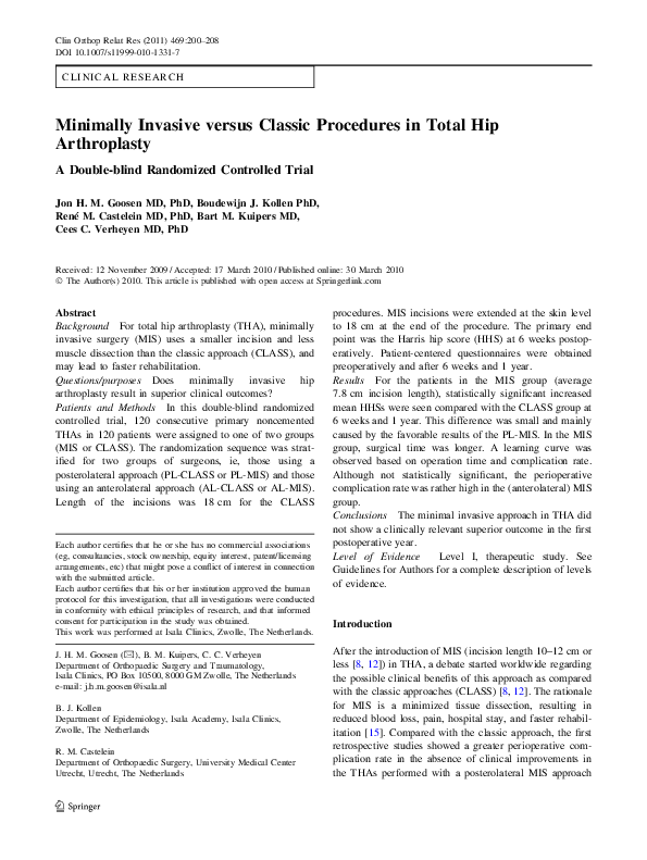 (PDF) Minimally Invasive versus Classic Procedures in Total Hip ...