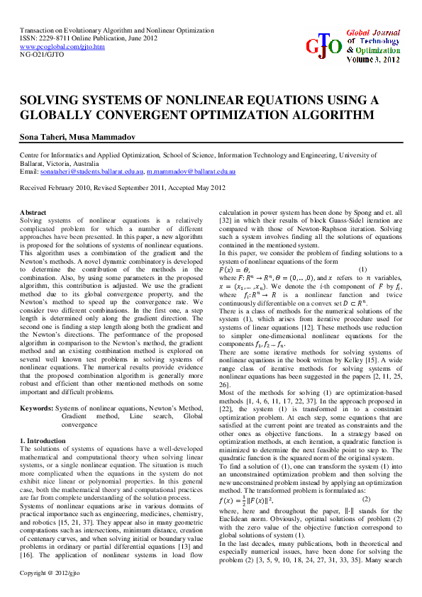 (PDF) Solving Systems of Nonlinear Equations Using a Globally Convergent Optimization Algorithm