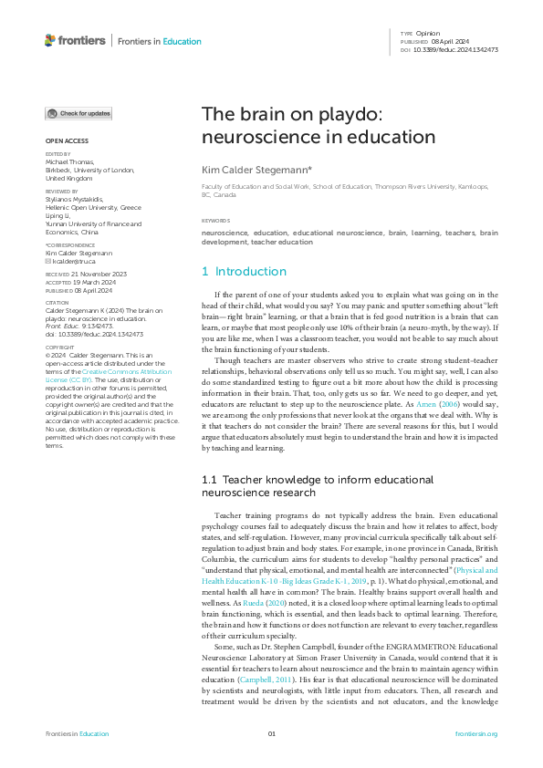 (PDF) The brain on playdo: neuroscience in education