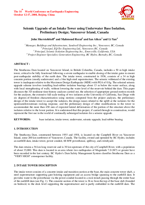 (PDF) Seismic Upgrade of an Intake Tower using Underwater Base ...