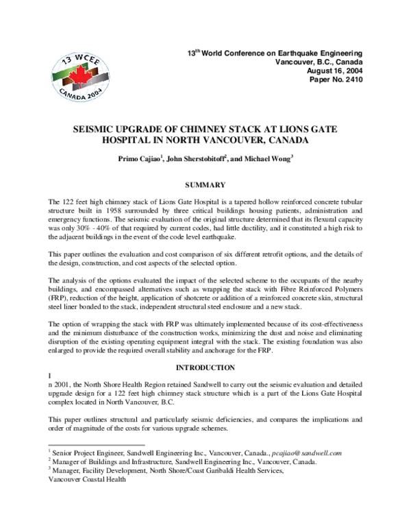 (PDF) Seismic Upgrade of Chimney Stack at Lions Gate Hospital
