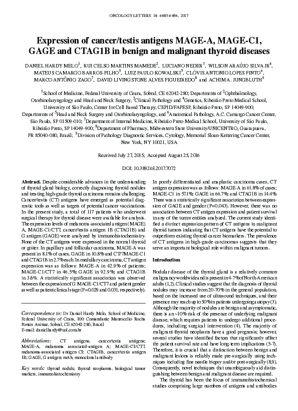 (PDF) Expression of cancer/testis antigens MAGE-A, MAGE-C1, GAGE and ...