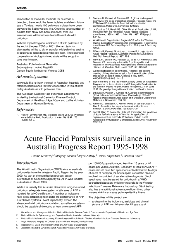 (PDF) Acute flaccid paralysis surveillance in Australia progress report ...