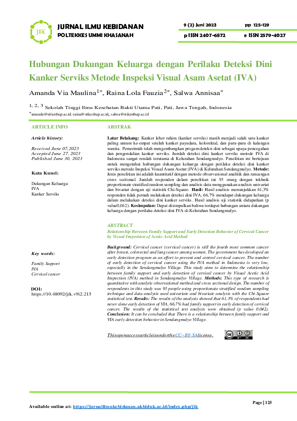 (PDF) Dukungan Keluarga Dengan Perilaku Deteksi Dini Kanker Serviks ...
