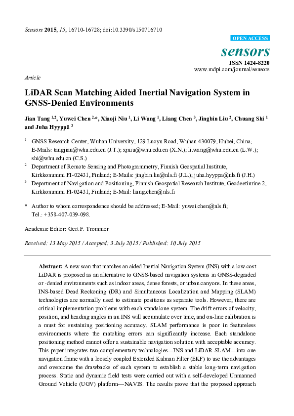 (PDF) LiDAR Scan Matching Aided Inertial Navigation System in GNSS-Denied Environments