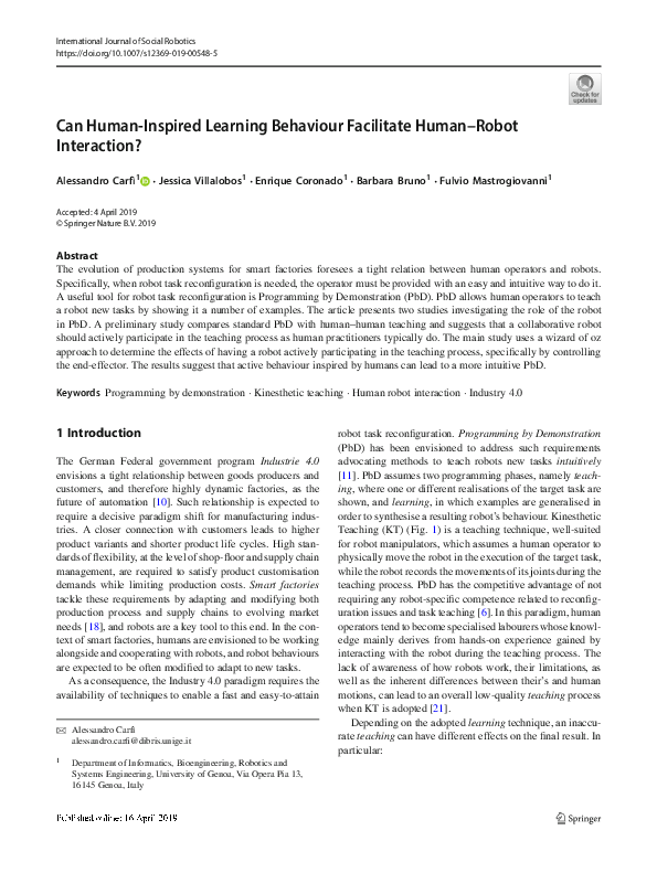(PDF) Can Human-Inspired Learning Behaviour Facilitate Human–Robot ...