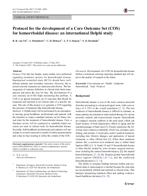 (PDF) Protocol for the development of a Core Outcome Set (COS) for hemorrhoidal disease: an ...