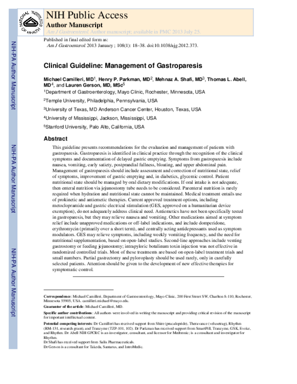 (PDF) Clinical Guideline: Management of Gastroparesis