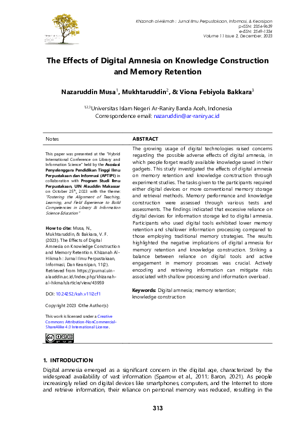 (PDF) The Effects of Digital Amnesia on Knowledge Construction and ...