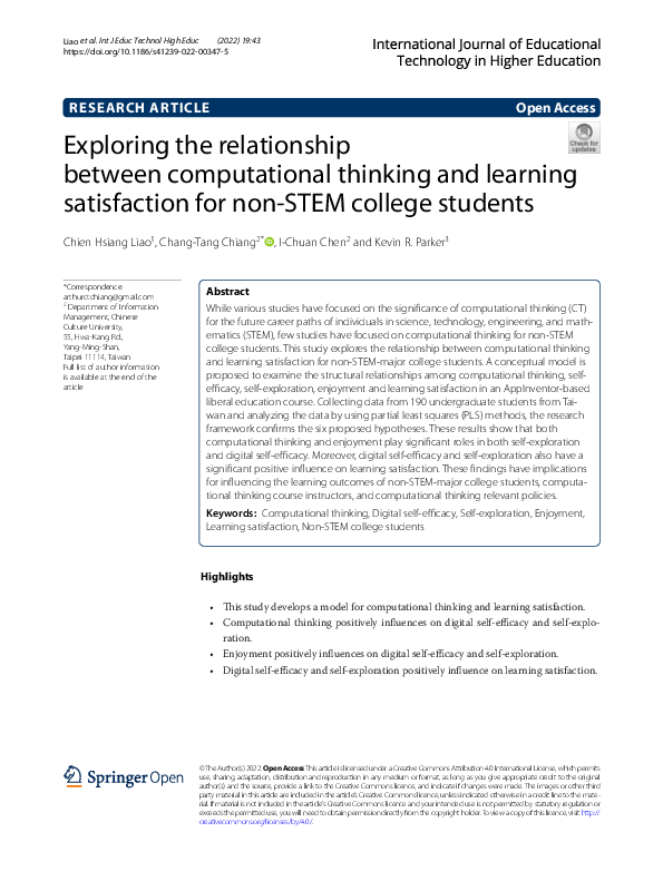 (PDF) Exploring the relationship between computational thinking and learning satisfaction for ...