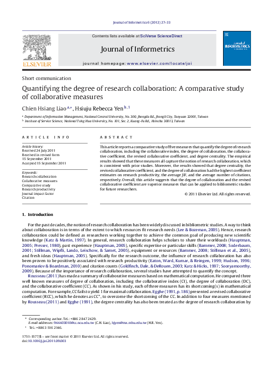 (PDF) Quantifying the degree of research collaboration: A comparative ...