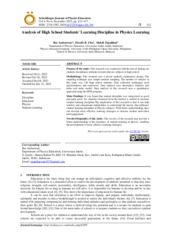 (PDF) Analysis of High School Students' Learning Discipline in Physics Learning