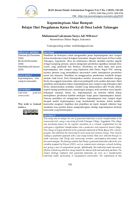 (PDF) Kepemimpinan Akar Rumput: Belajar Dari Pengalaman Kasus Decky di Desa Ledok Tukangan