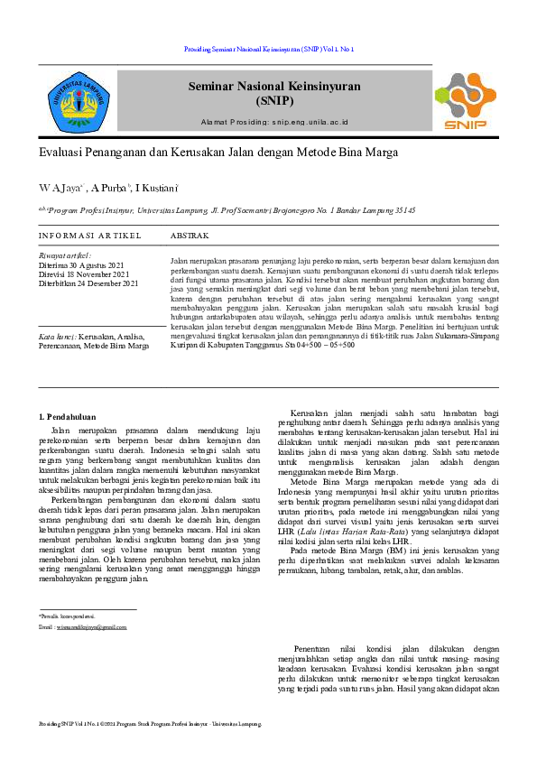 (PDF) Evaluasi Penanganan dan Kerusakan Jalan dengan Metode Bina Marga