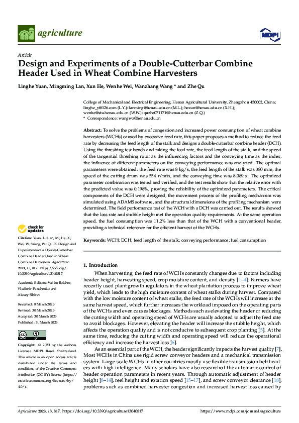 (PDF) Design and Experiments of a Double-Cutterbar Combine Header Used ...