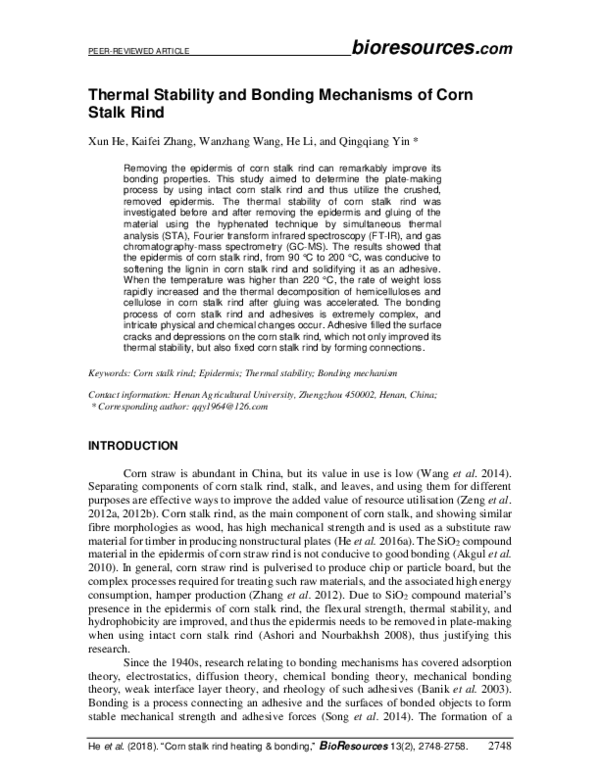 (PDF) Thermal Stability and Bonding Mechanisms of Corn Stalk Rind