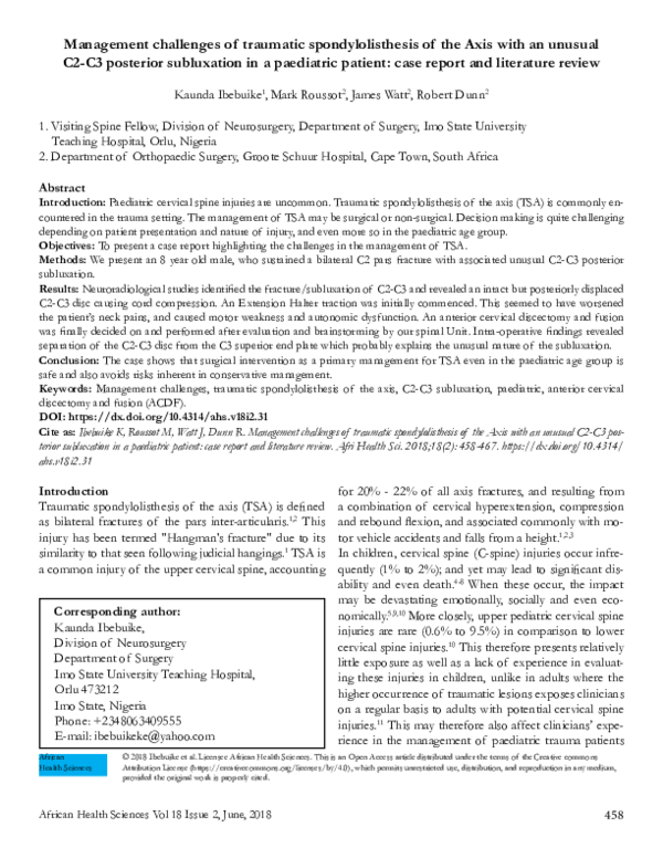 (PDF) Management challenges of traumatic spondylolisthesis of the Axis with an unusual C2-C3 ...