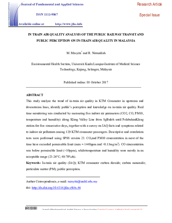 (PDF) In train air quality analysis of the public railway transit and public perception on in ...