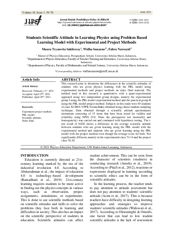 (PDF) Students Scientific Attitude in Learning Physics Using Problem Based Learning Model with ...