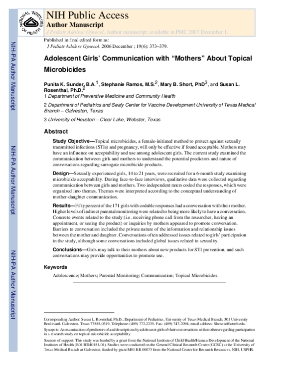 (PDF) Adolescent Girls' Communication with “Mothers” About Topical ...