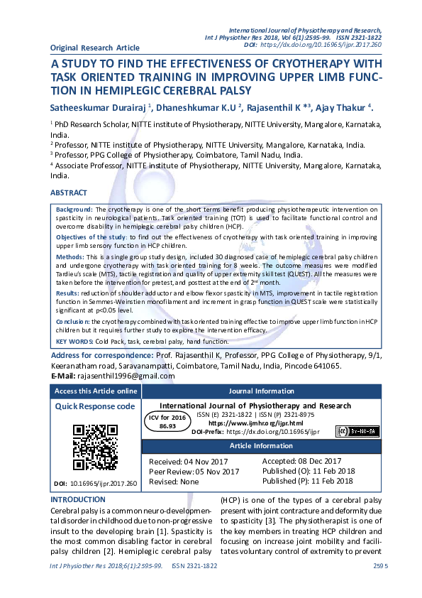 (PDF) A Study to Find the Effectiveness of Cryotherapy with Task Oriented Training in Improving ...