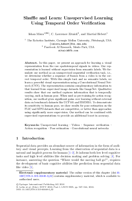 Pdf Shuffle And Learn Unsupervised Learning Using Temporal Order Verification