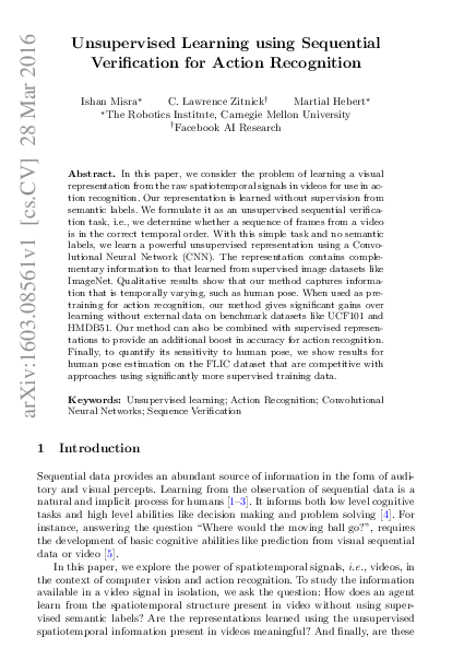 Pdf Unsupervised Learning Using Sequential Verification For Action Recognition