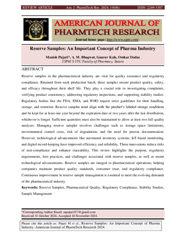 (PDF) Reserve Samples: An Important Concept of Pharma Industry