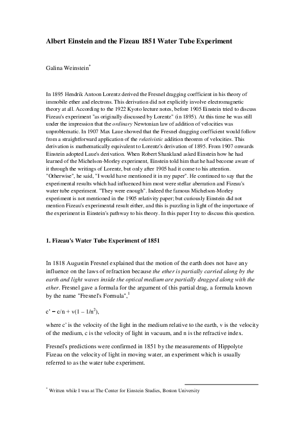 (PDF) Albert Einstein and the Fizeau 1851 Water Tube Experiment