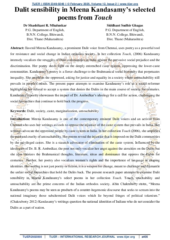 (PDF) Dalit sensibility in Meena Kandasamy's selected poems from Touch