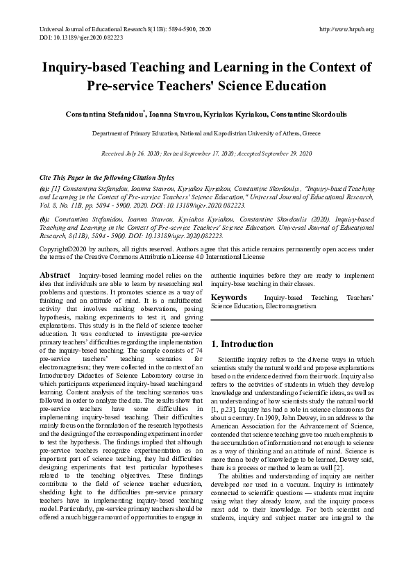 (PDF) Inquiry-based Teaching and Learning in the Context of Pre-service Teachers' Science Education